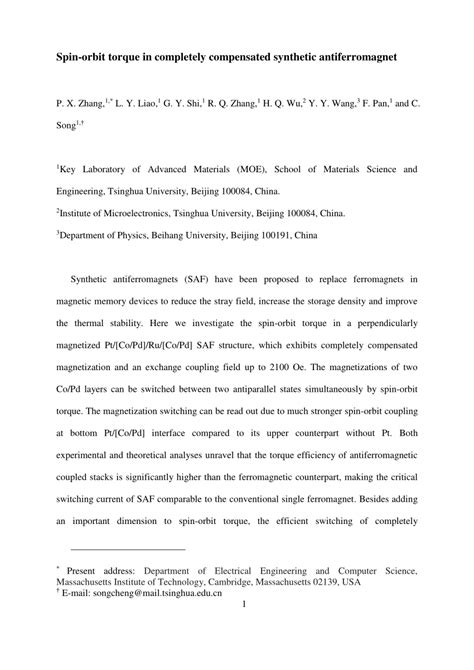 Pdf Spin Orbit Torque In Completely Compensated Synthetic Antiferromagnet