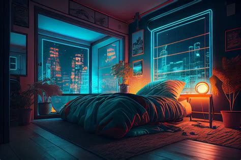 Modern Bedroom Interior With Neon Lights Glowing Ambient In The Evening