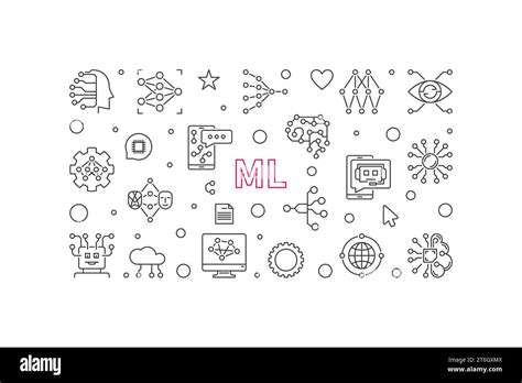 Ml Concept Horizontal Banner In Outline Style Vector Machine Learning Illustration Stock Vector