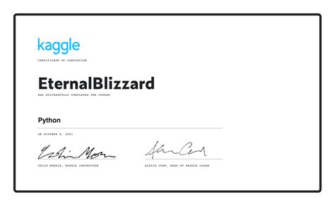 EternalBlizzard Completed The Python Course On Kaggle