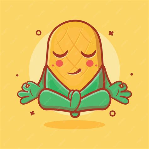 요가 명상을 가진 귀여운 옥수수 캐릭터 마스코트는 평평한 스타일의 디자인에 고립 된 만화를 포즈를 취합니다 프리미엄 벡터