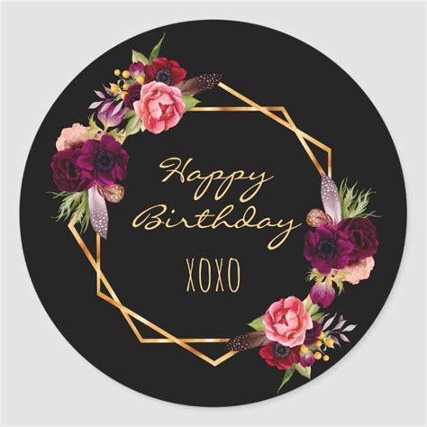 Happy Birthday Black Burgundy Floral Gold Classic Round Sticker