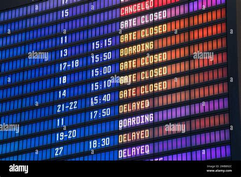 Airport Information Board Showing Arrivals And Departures Of Flights In