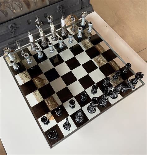 Chess Set From Bolts And Nuts With Glass Game Board Real Car Engine