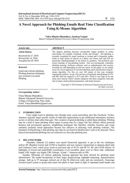 A Novel Approach For Phishing Emails Real Time Classification Using K Means Algorithm Pdf