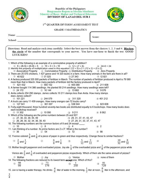 Grade 5 Math Assessment Test Pdf Food And Drink Foods
