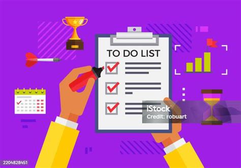 생산성 체크리스트 개념 보라색 배경에 업적과 목표가 있는 계획에 대한 스톡 벡터 아트 및 기타 이미지 계획 긴급 개념