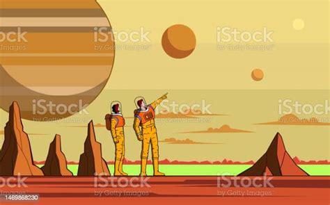 Vector Retro Astronaut Couple Exploring A New Planet Cartoon Stock