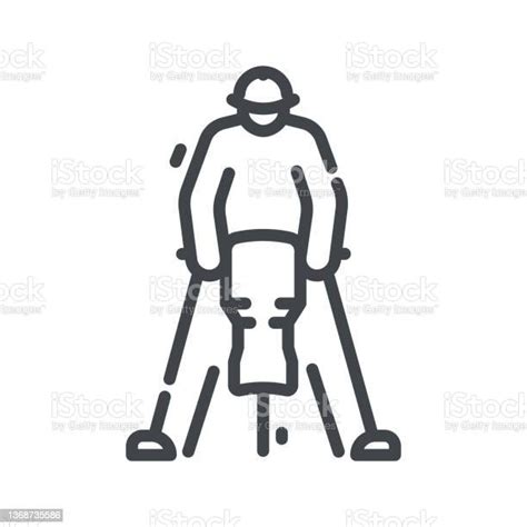 흰색 투명 배경에서 격리된 유압 차단기 라인 아이콘을 사용하는 작업자 망치에 대한 스톡 벡터 아트 및 기타 이미지 망치 개념 기호 건설 기계류 Istock