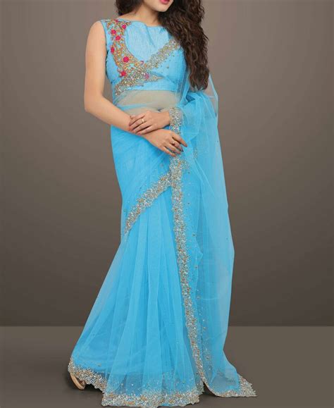 Light Blue Colour Amazing Saree With Daimond Less Pink Blouse Designs