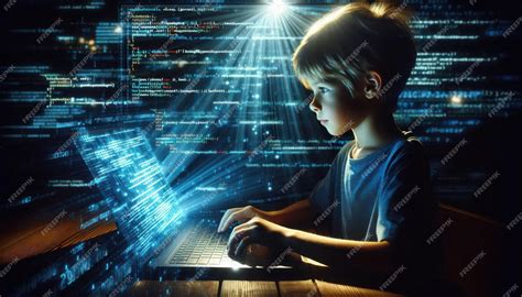 A Young Boy Engrossed In Coding On A Laptop Surrounded By Projections