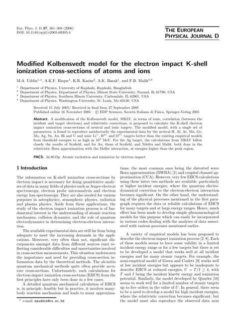 Pdf Modified Kolbensvedt Model For The Electron Impact K Shell Ionization Cross Sections Of