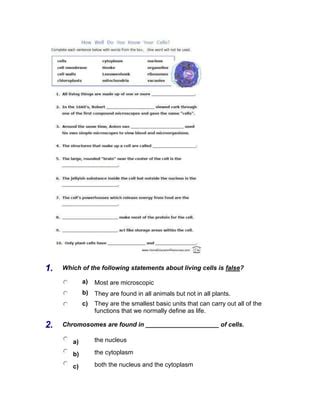 Cell Structure Revision Questions Do Cx Docx Biological Sciences Science