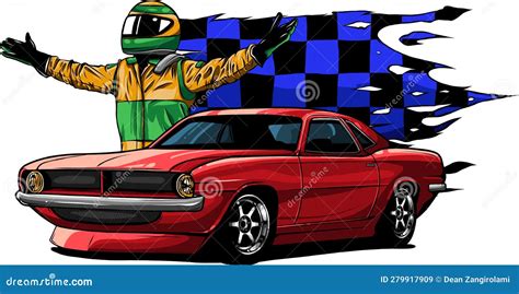 Vector Illustration With Race Car And Racer Stock Vector Illustration