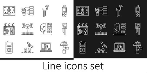 세트 라인 자동 관개 스프링클러 온도 및 습도 센서 라우터 와이파이 신호 무인 항공기와 스마트 농장 농업 기술 식물 상태 및 꽃 분석 아이콘 벡터 감지기에 대한 스톡 벡터