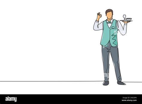 Single Continuous Line Drawing Waiter Stood Up With Gesture Okay And