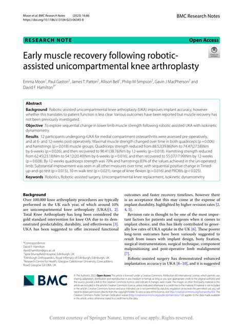 Pdf Early Muscle Recovery Following Robotic Assisted Unicompartmental Knee Arthroplasty