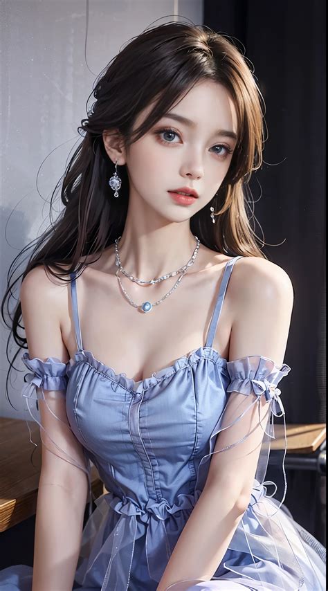 파란 드레스를 입은 여자가 테이블 위에 앉아 있다 Seaart Ai