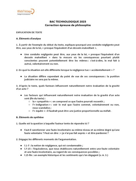 Correction Bac 2023 Philo Voie Techno Explication Texte Pdf