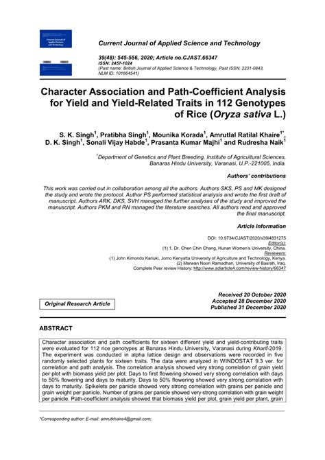 Pdf Character Association And Path Coefficient Analysis For Yield And Yield Related Traits In
