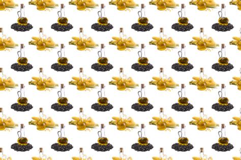 매끄러운 패턴 흰색 배경에 고립 된 유리 항아리의 옥수수와 해바라기 기름 0명에 대한 스톡 사진 및 기타 이미지 0명 금색
