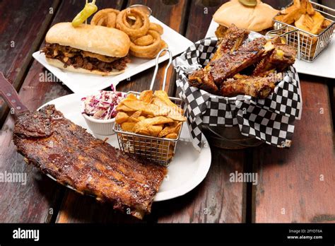 Barbecue Restaurant Food Selection Barbecued Pork Ribs Beef Ribs