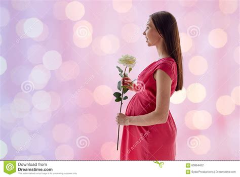 Happy Pregnant Woman With Rose Flower Stock Photo Image Of Maternity