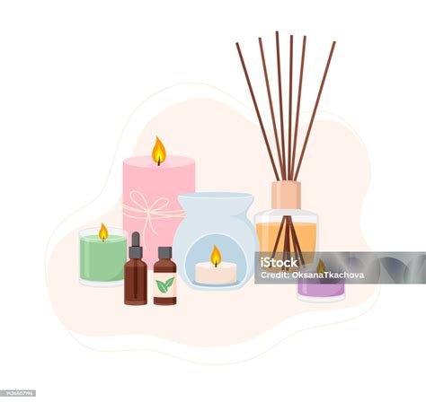 아로마 램프 디퓨저 양초 및 에센셜 오일의 구성 아로마 테라피 액세서리 평면 스타일의 벡터 일러스트 레이 션 유리 재료에 대한