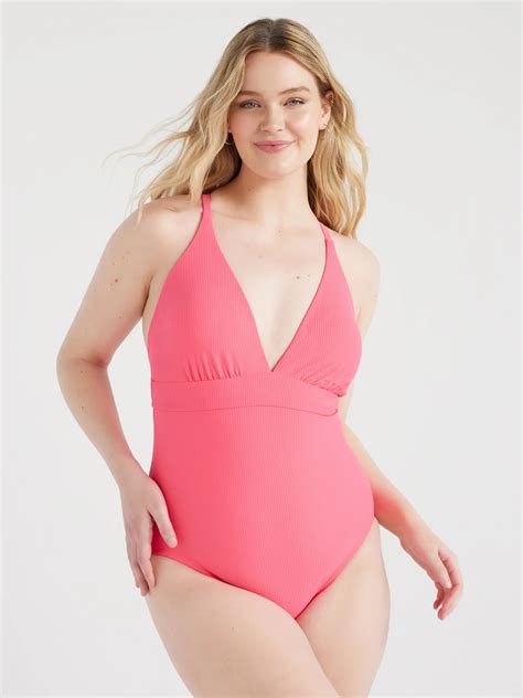 Time And Tru Womens And Plus Plunge Tie Back One Piece Swimsuit Sizes