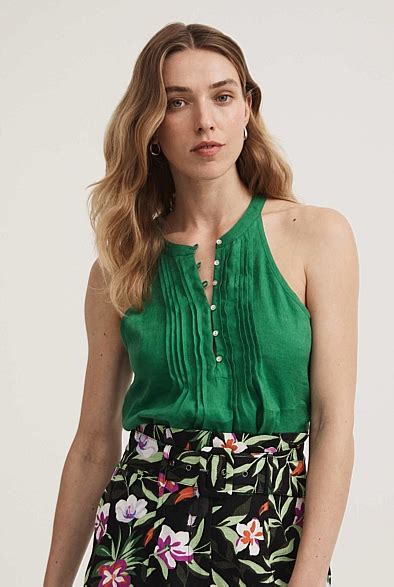 Grass Green French Linen Button Tank Womens Linen Shirts Witchery