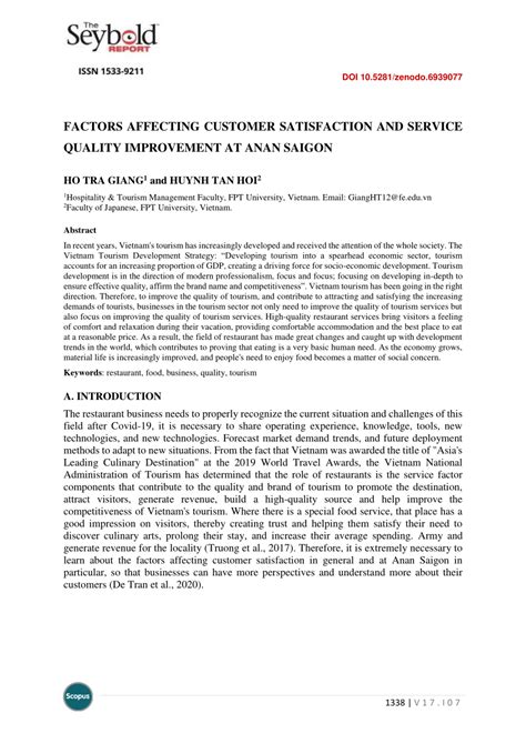 Pdf Factors Affecting Customer Satisfaction And Service Quality Improvement At Anan Saigon