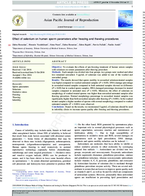 Pdf Effect Of Selenium On Human Sperm Parameters After Freezing And Thawing Procedures