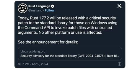 注意 声称最安全的编程语言rust存在严重漏洞，可导致 Windows 命令注入攻击参数转义标准