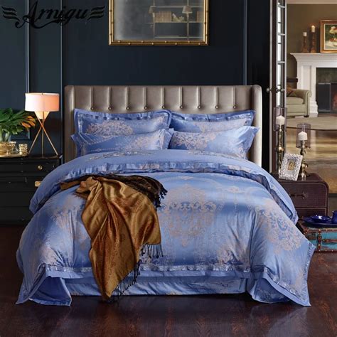 Arnigu Blue Jacquard Bedding Set 4pcs Bedsheet Pillowcases Duvet Cover