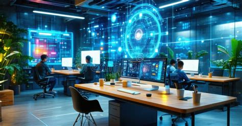 Futuristic High Tech Office With Professionals Working On Advanced Computer Systems Surrounded