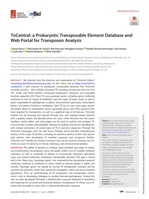 PDF TnCentral A Prokaryotic Transposable Element Database And Web Portal For Transposon Analysis