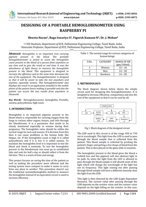 irjet designing of a portable hemoglobinometer using raspberry pi pdf