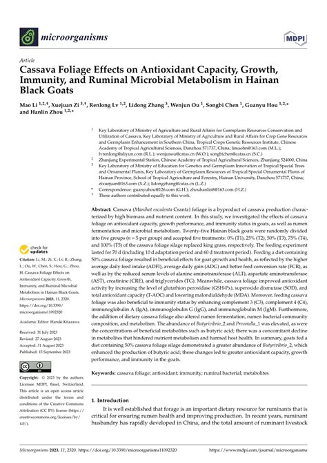 Pdf Cassava Foliage Effects On Antioxidant Capacity Growth Immunity And Ruminal Microbial