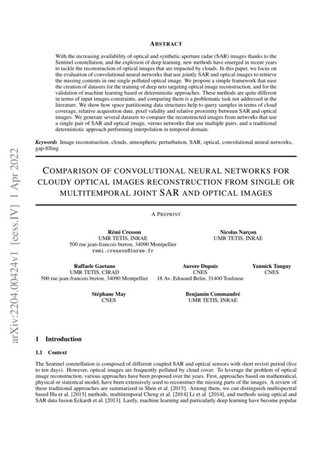 Pdf Comparison Of Convolutional Neural Networks For Cloudy Optical Images Reconstruction From