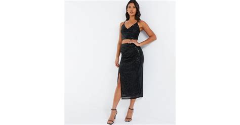 Quiz Black Sequin High Waist Split Hem Midi Skirt New Look