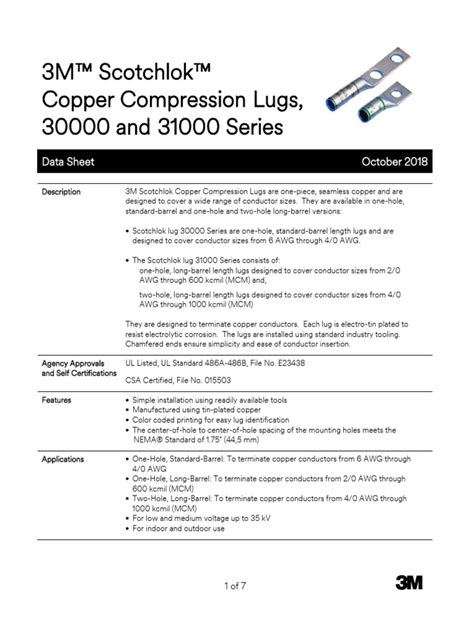 3m Bornas Terminal De Compression Lugs 30000 And 31000 Series Data