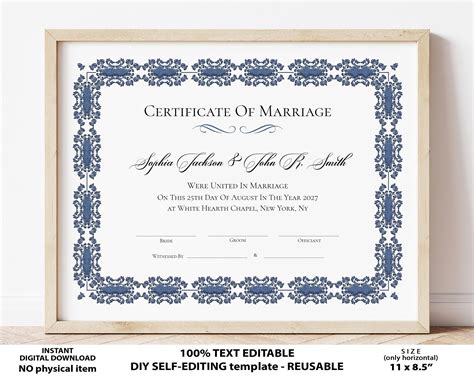 Editable Wedding Certificate Template Printable Elegant Certificate Of