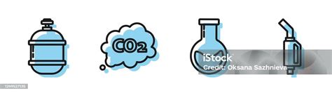 세트 라인 테스트 튜브 및 플라스크 프로판 가스 탱크 클라우드 및 가솔린 펌프 노즐 아이콘의 Co2 배출 벡터 0명에 대한 스톡