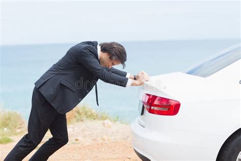 Man Pushing His Car Stock Image Image Of Caucasian Automobile 50492277