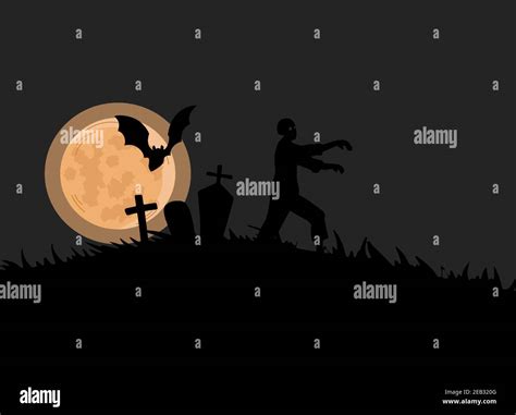 Black Silhouette Of Zombie Walking On Cemetery Vector Flat Illustration