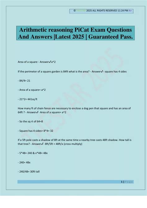 Arithmetic Reasoning Picat Exam Questions And Answers Latest 2025