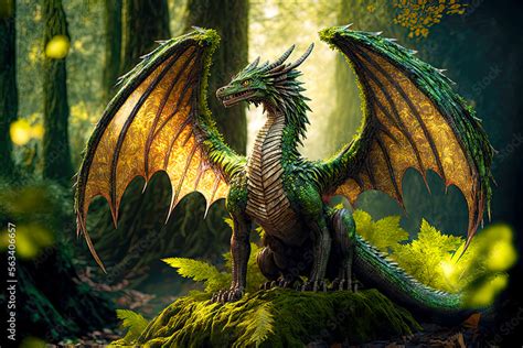 Poster Forest Dragon With Wings Sitting On Stone In Green Woods Wall