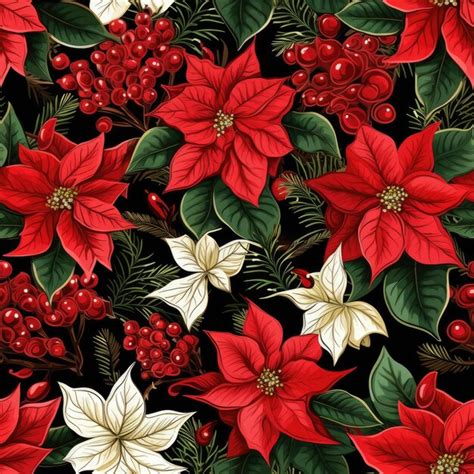Premium Ai Image Seamless Pattern With Hand Drawn Poinsettia Flowers