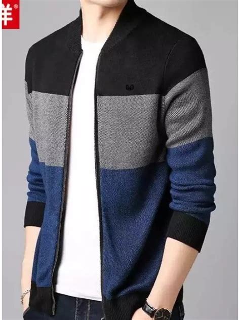 Jual Sweater Rajut Resleting Bisbol Kombinasi 3 Warna Nevi Sweter Pria