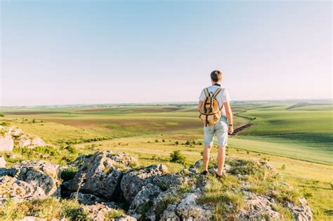 Männlicher wanderer, der auf den felsen betrachtet grüne landschaft ...